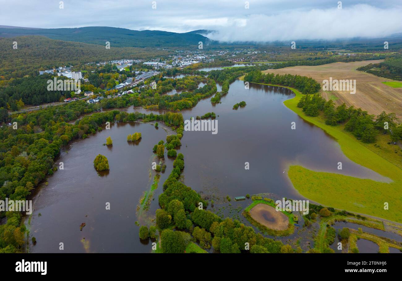 Aviemore, Scotland, UK. 8th October 2023. Views of the River Spey which today broke its banks ...