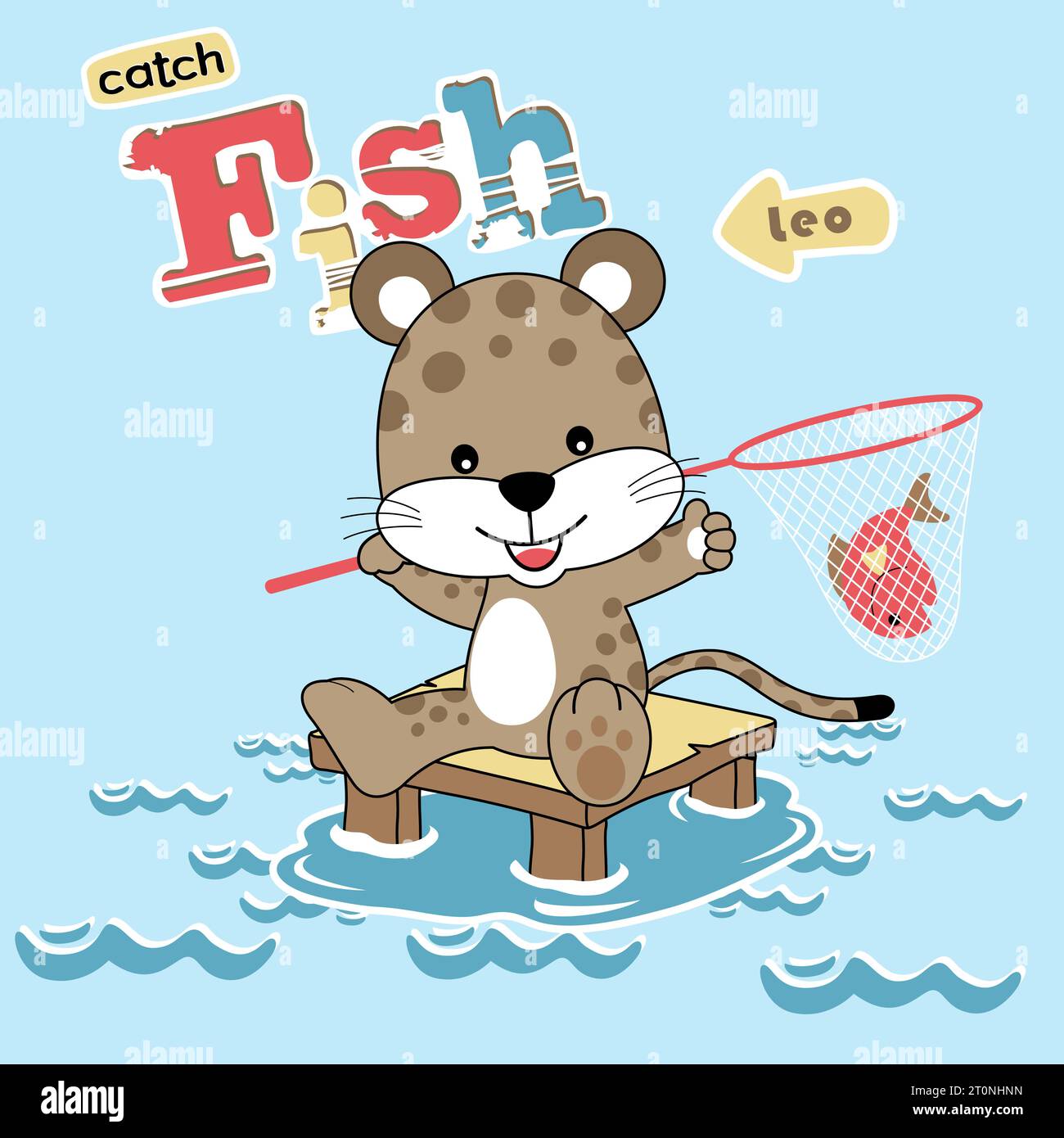 vector cartoon illustration of cute leopard catching fish with fishnet ...