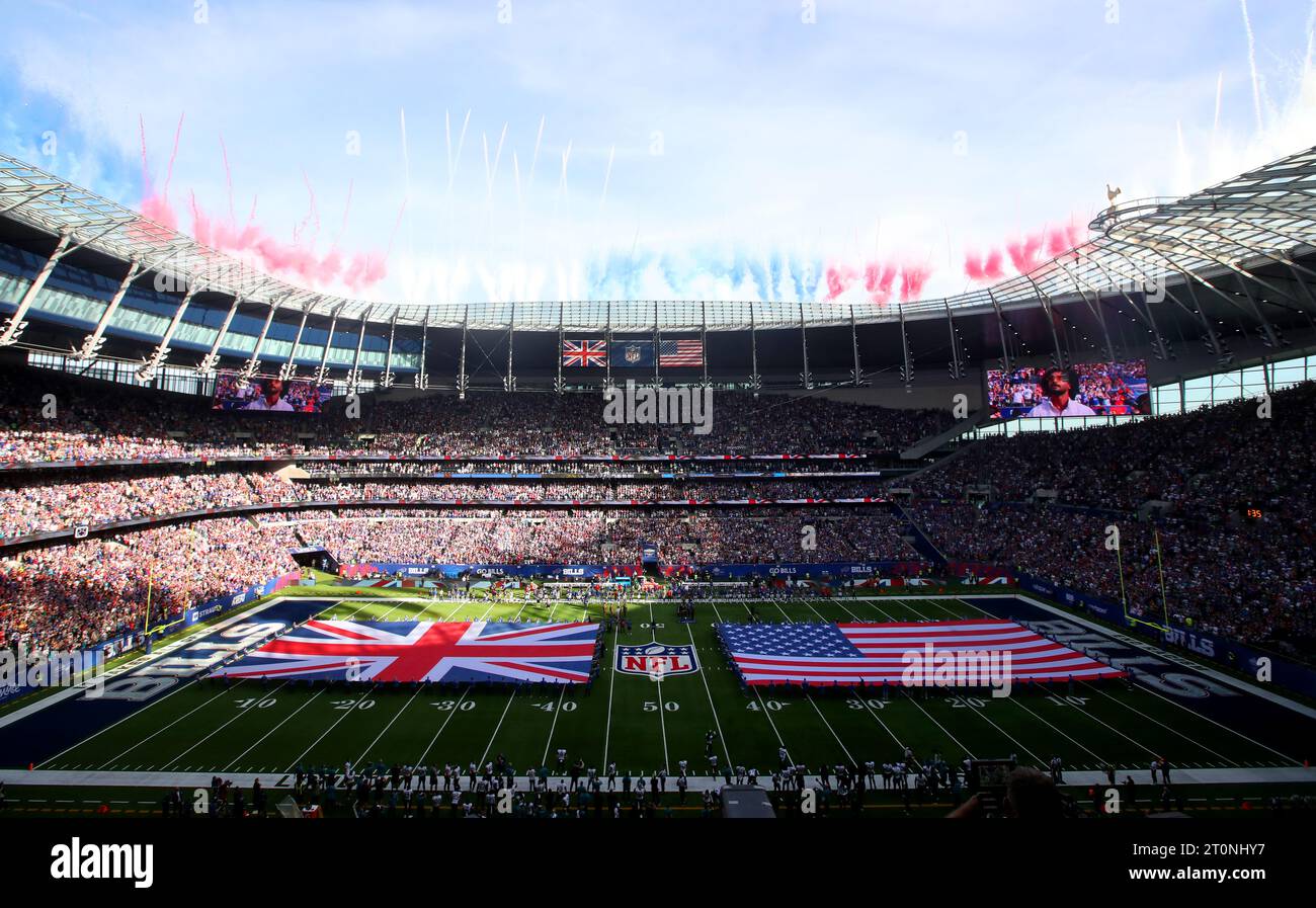 Fireworks are set off prior to the NFL international match at the ...
