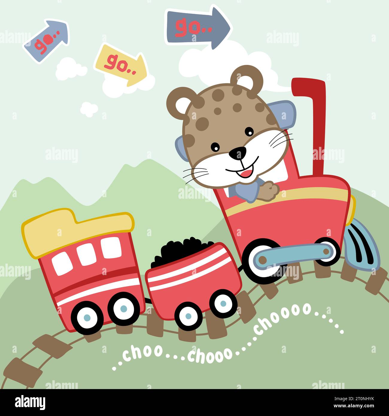 vector cartoon illustration of cute leopard on steam train on mountain ...