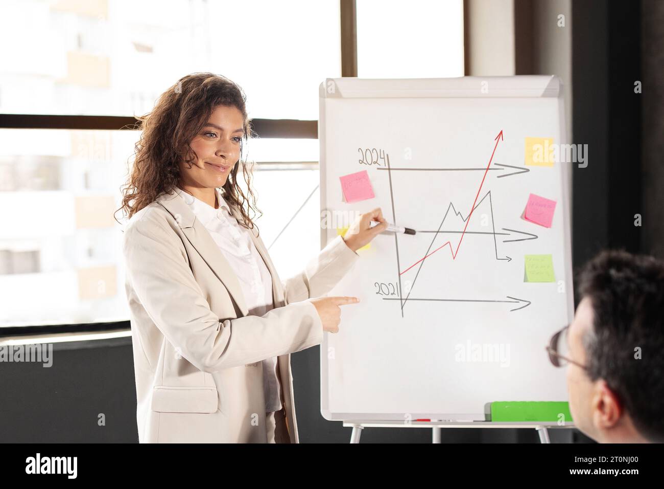 Businesswoman presenting graph of company growth on whiteboard in ...