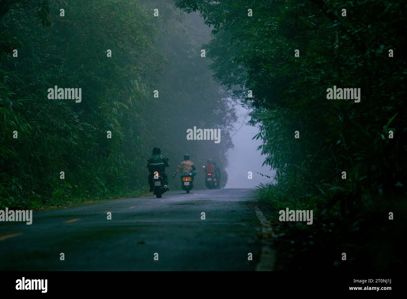 group of biker riding on foggy mountain road at khaoyai national park ...