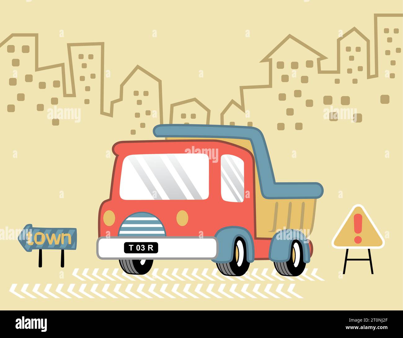 Red truck with road sign on buildings background, vector cartoon ...
