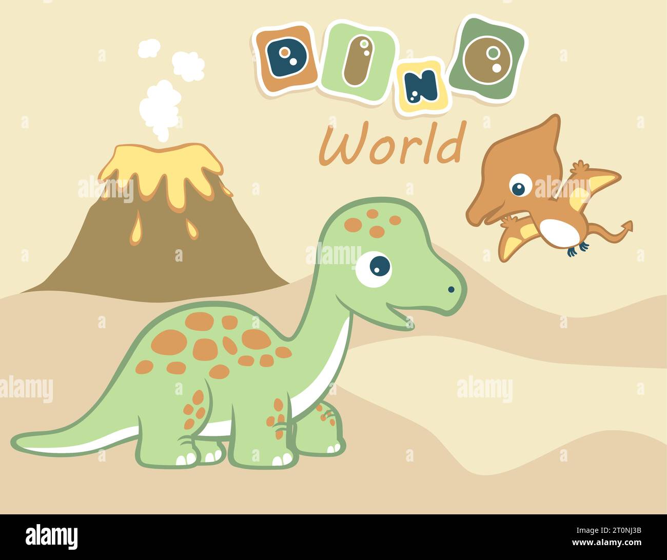 Funny dinosaurs vector cartoon on volcano eruption background Stock ...