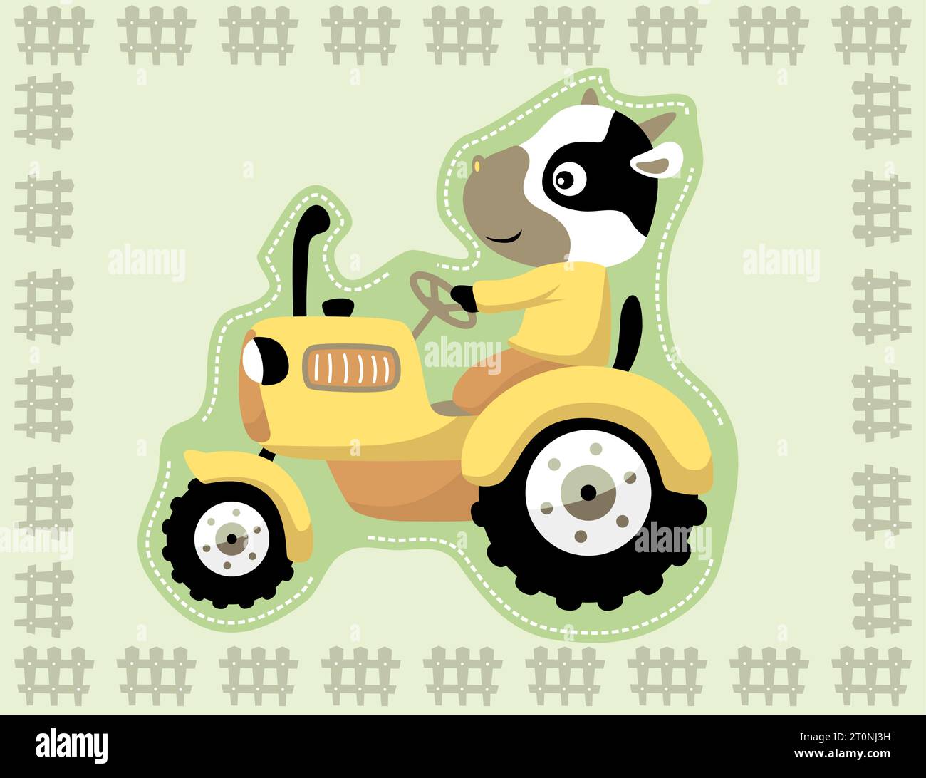 Funny cow driving tractor on fence frame border, vector cartoon ...