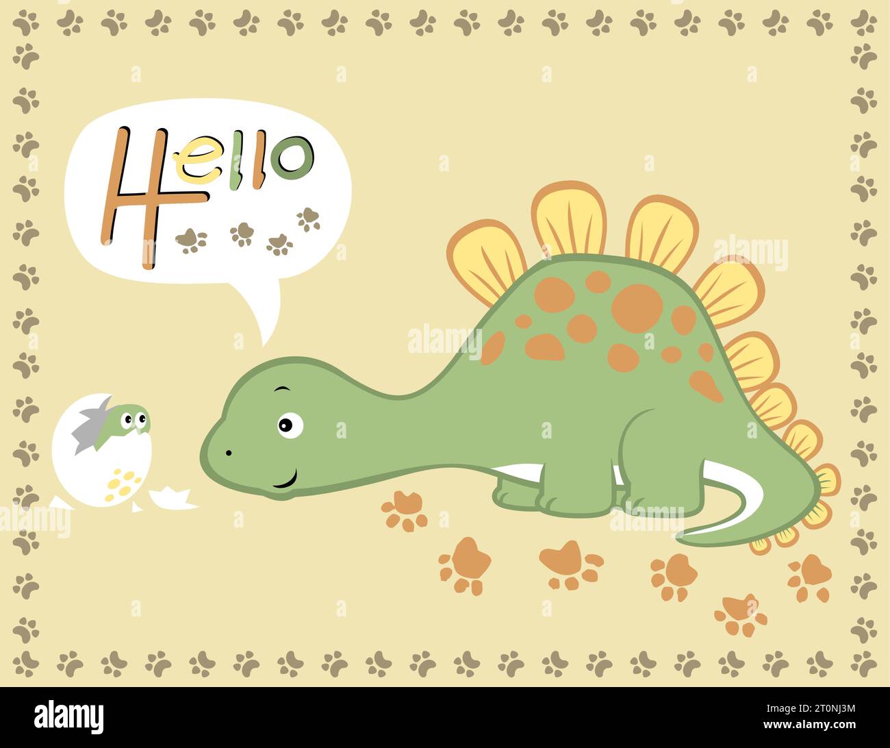 Funny dinosaur with its baby on footprint frame border, vector cartoon ...