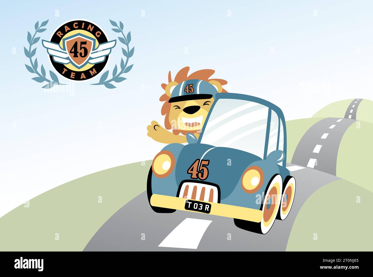 Funny lion driving racing car on racing track, vector cartoon ...