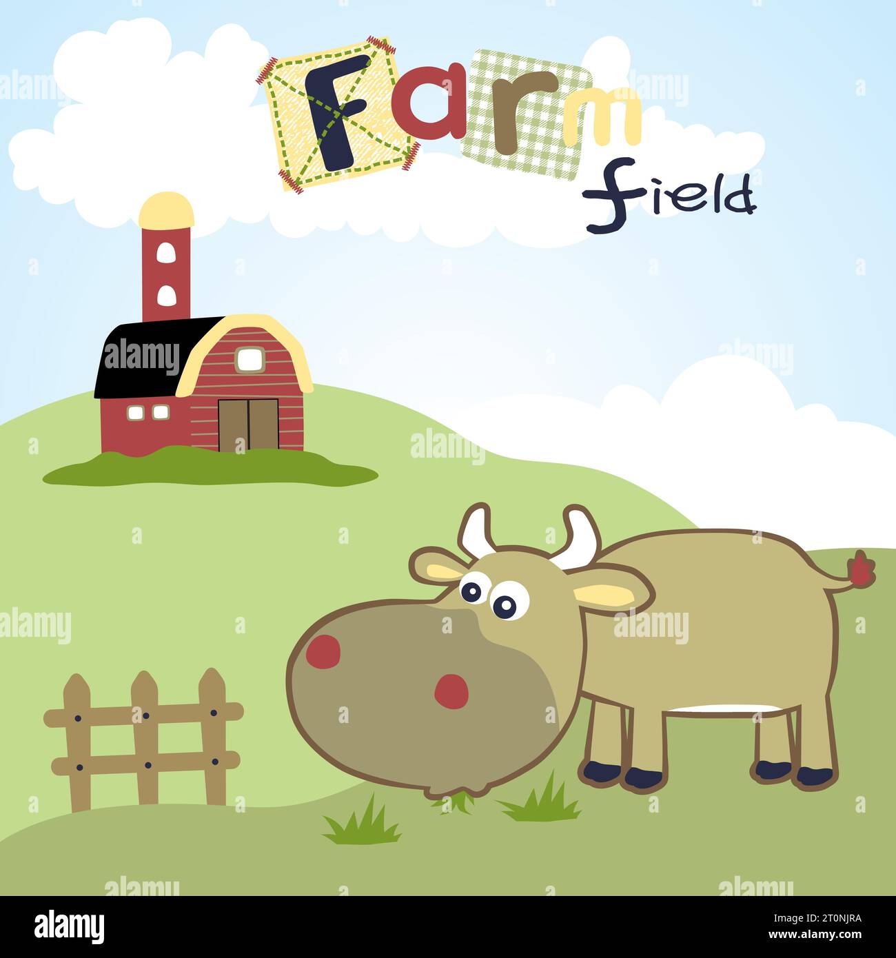 farm field vector cartoon with funny cow on blue sky background Stock ...