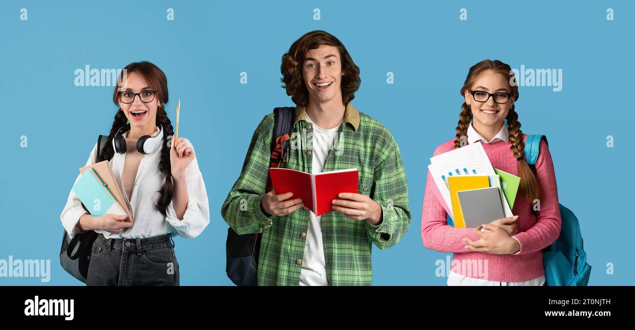 Creative Collage With Diverse Happy Students Posing Over Blue Studio ...