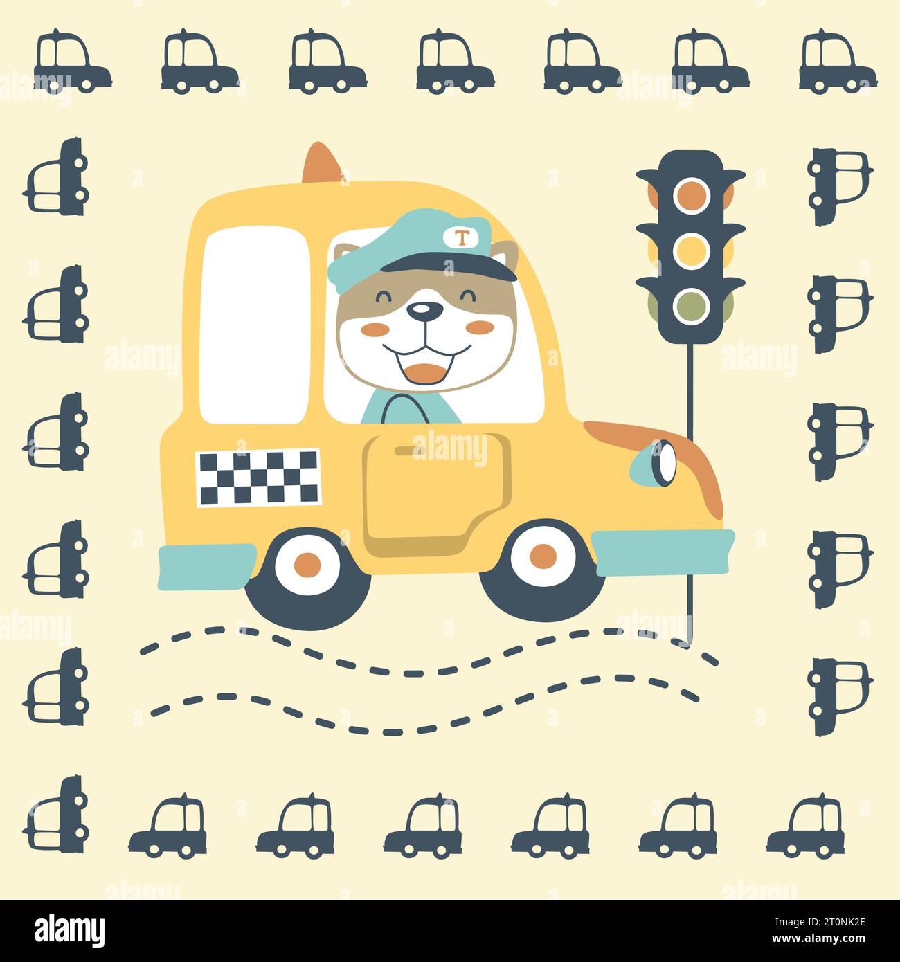cute cat driving taxi in silhouette vehicles frame border, vector ...