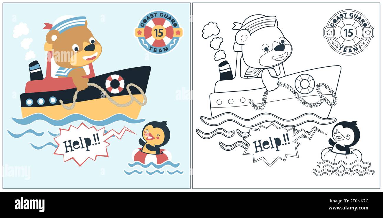 vector cartoon of bear on boat helping a penguin, coloring book or page ...