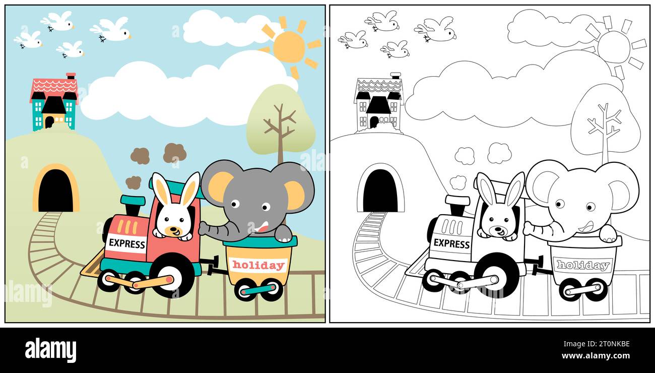 vector cartoon of cute rabbit with elephant on steam train, coloring ...