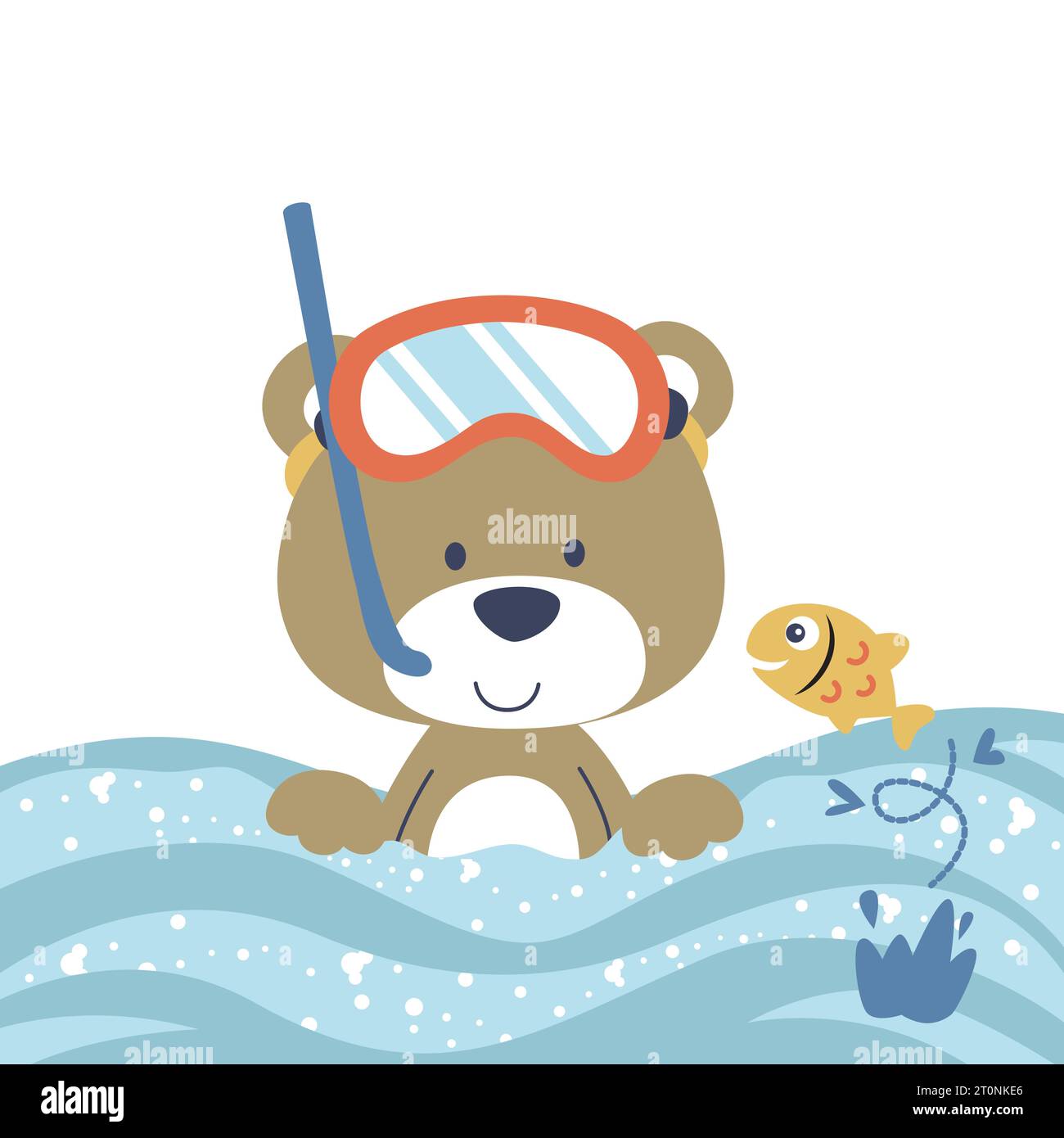 Cute bear wearing diving goggles in the sea with a fish, vector cartoon ...