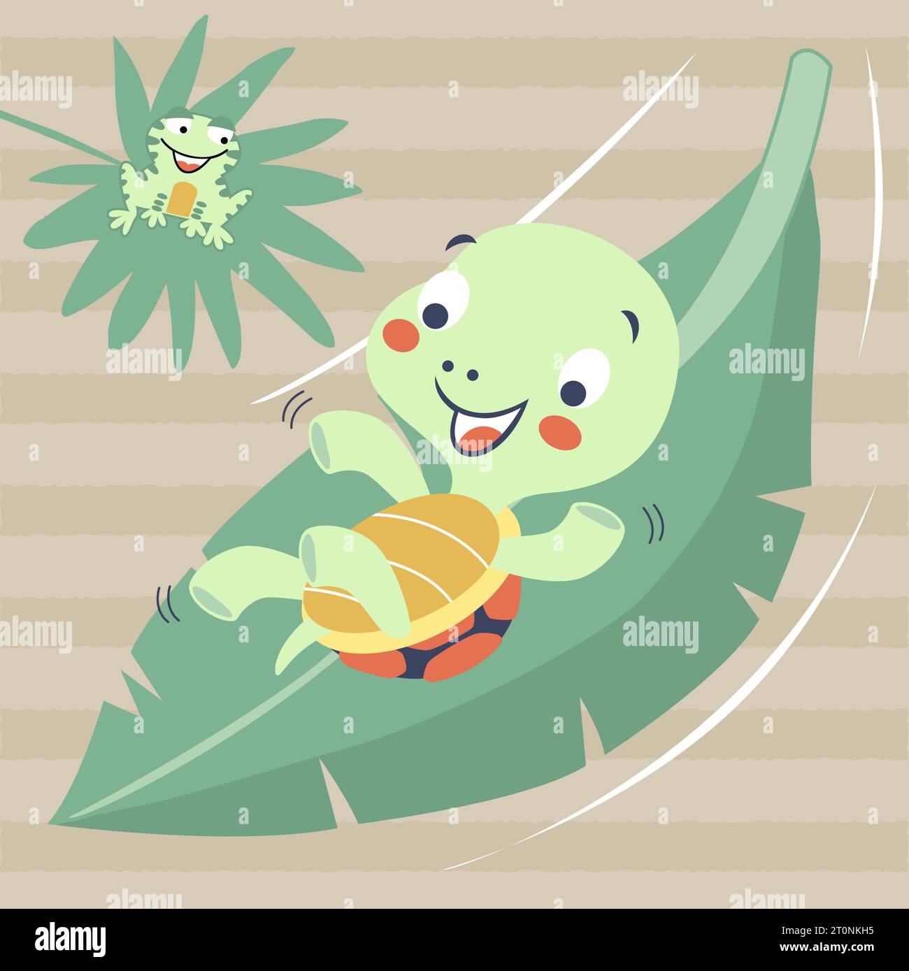 cute turtle slide down on banana leaf with frog on leaf, vector cartoon ...