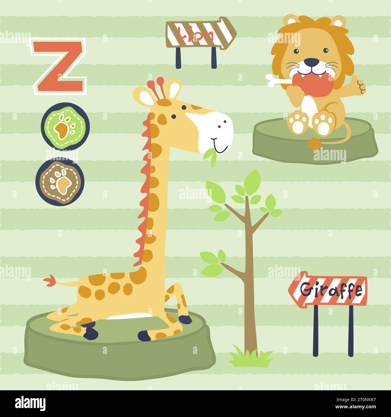 Funny giraffe eat leaves, lion eat meat, vector cartoon illustration ...