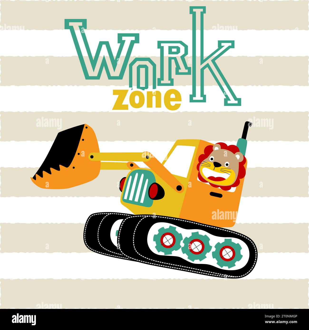 vector cartoon of cute lion driving construction vehicle on striped ...