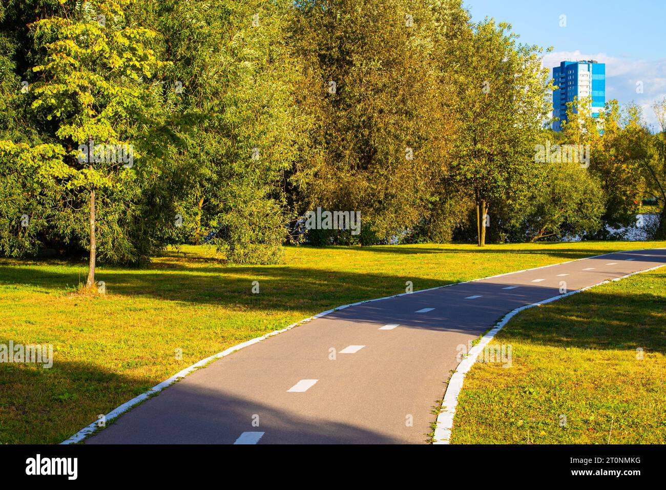empty bike path with markings in the city park. two-way bike lane Stock ...