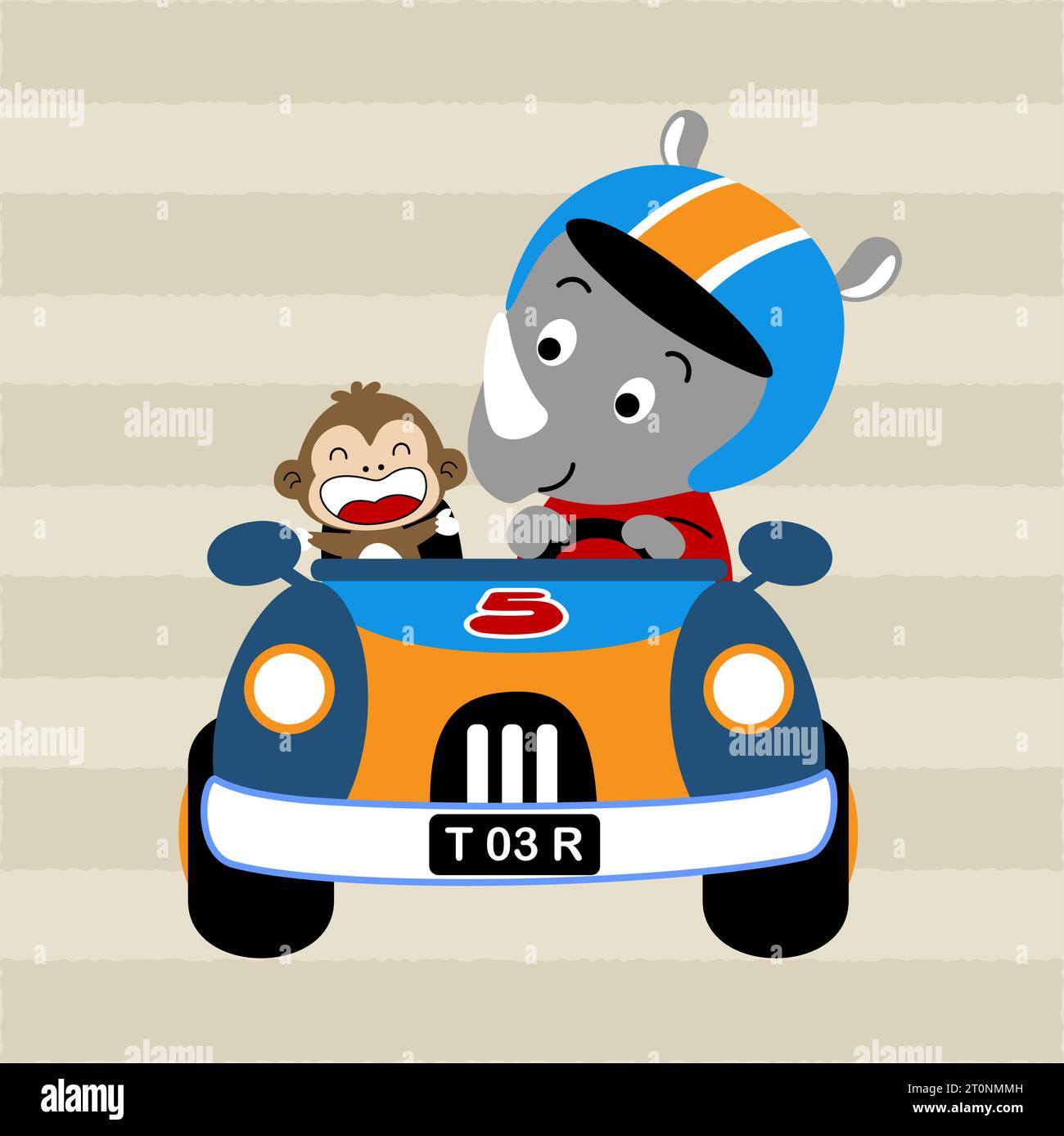 vector cartoon of funny rhino with monkey on racing car Stock Vector ...