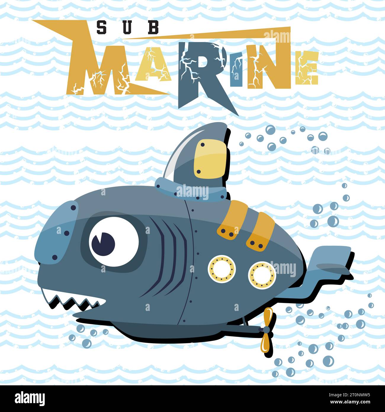 submarine robot on ripple water background, vector cartoon illustration ...