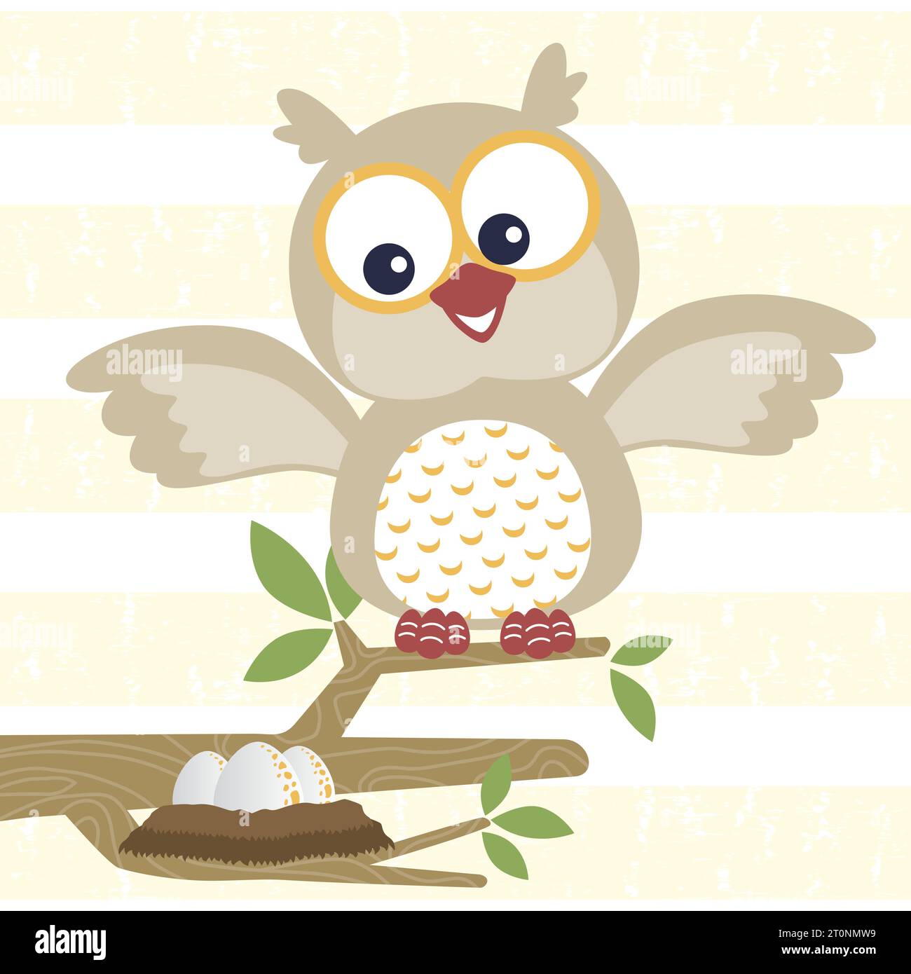 happy owl with its eggs on tree branches, vector cartoon illustration ...