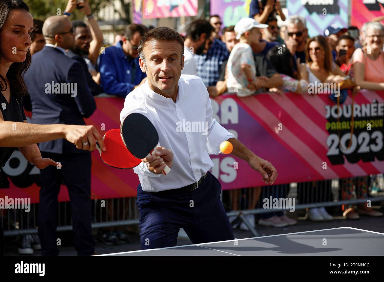 French President Emmanuel Macron plays table tennis with Paralympic ...