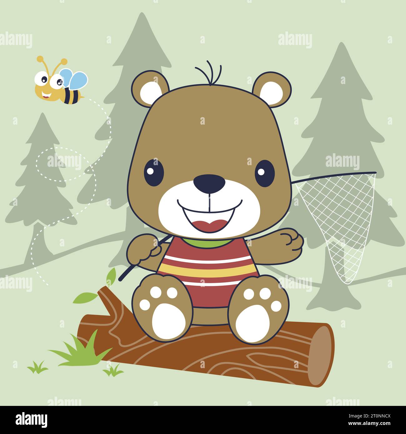 Little bear sitting on tree trunk while holding fish net with a bee ...