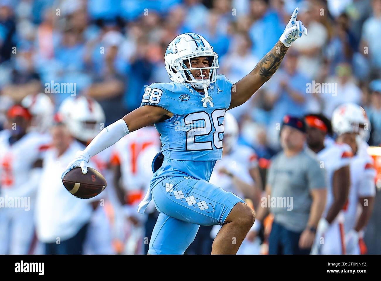 October 7,2023: North Carolina junior Alijah Huzzie (28) celebrates ...