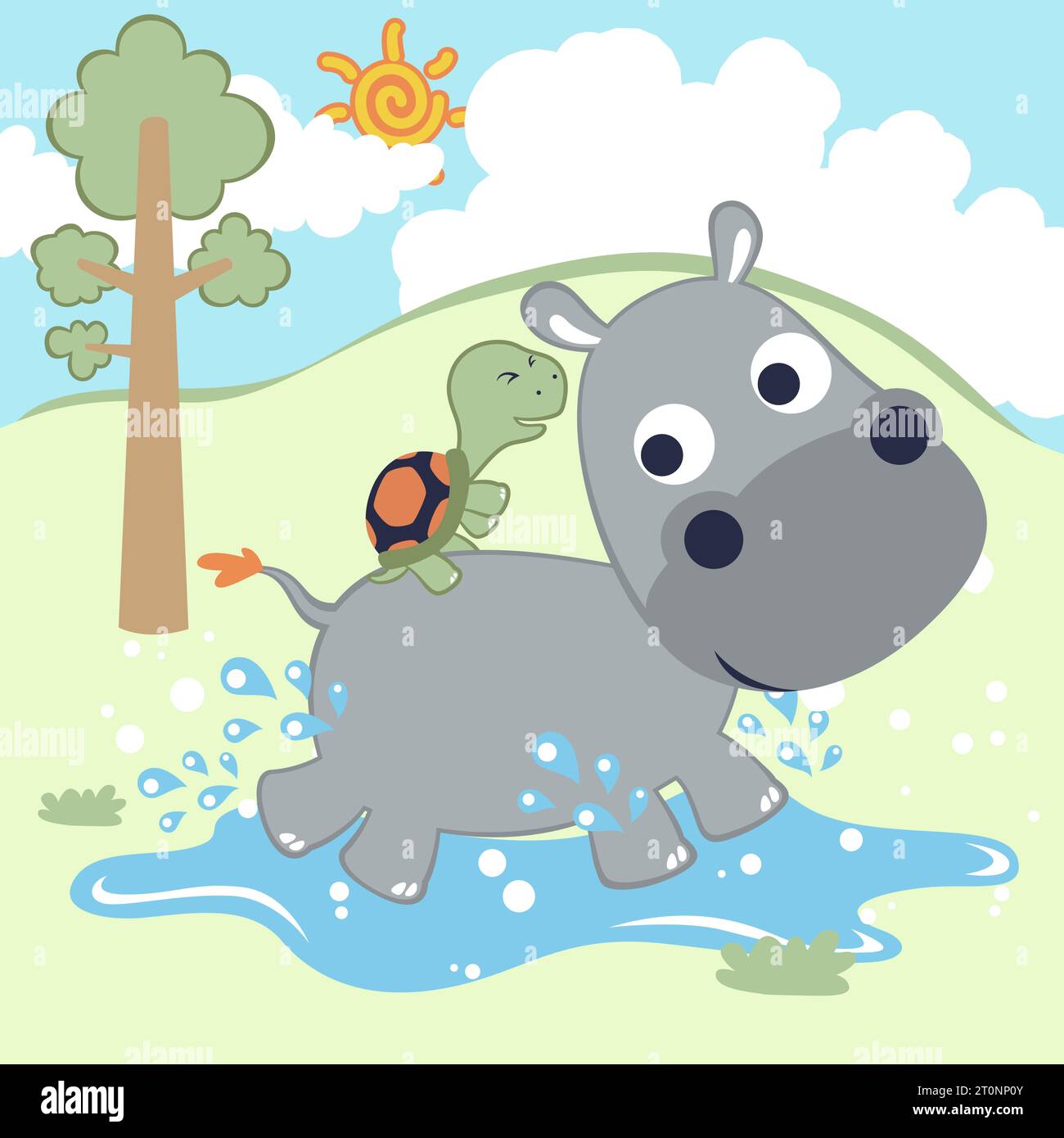 Cute turtle riding hippo in forest, vector cartoon illustration Stock ...