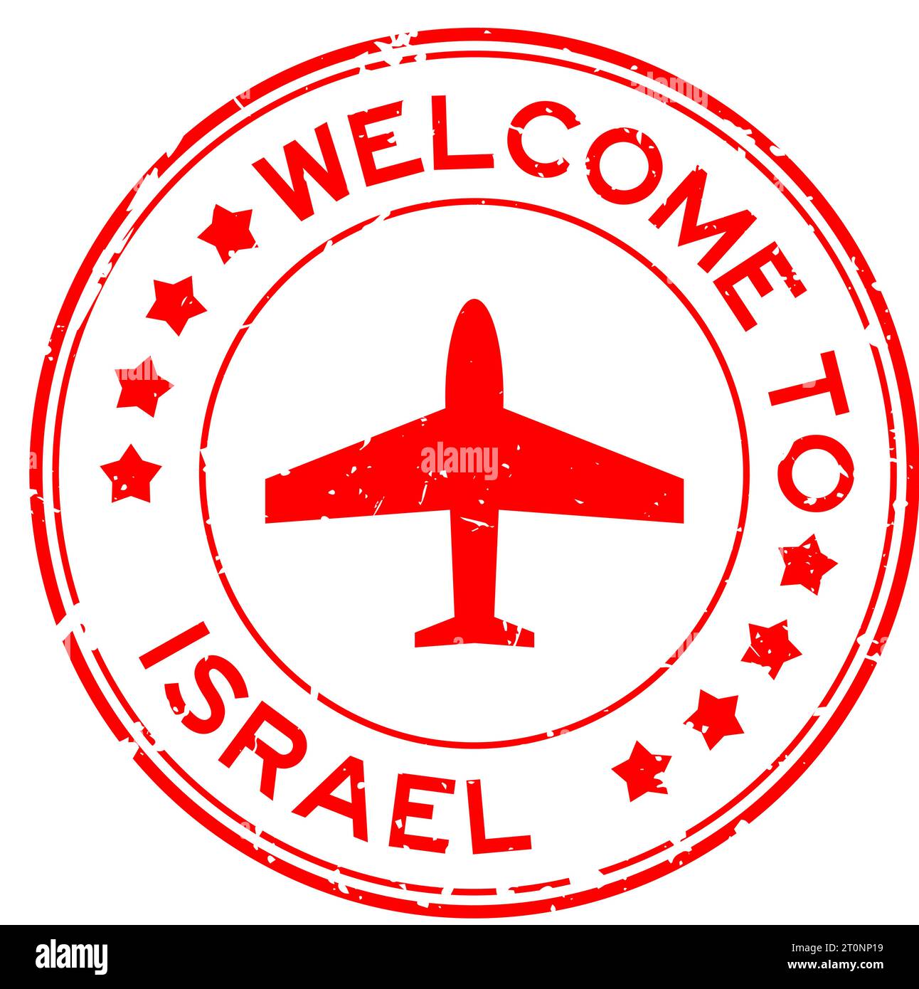 Grunge red welcome to israel with airplane icon round rubber seal stamp ...