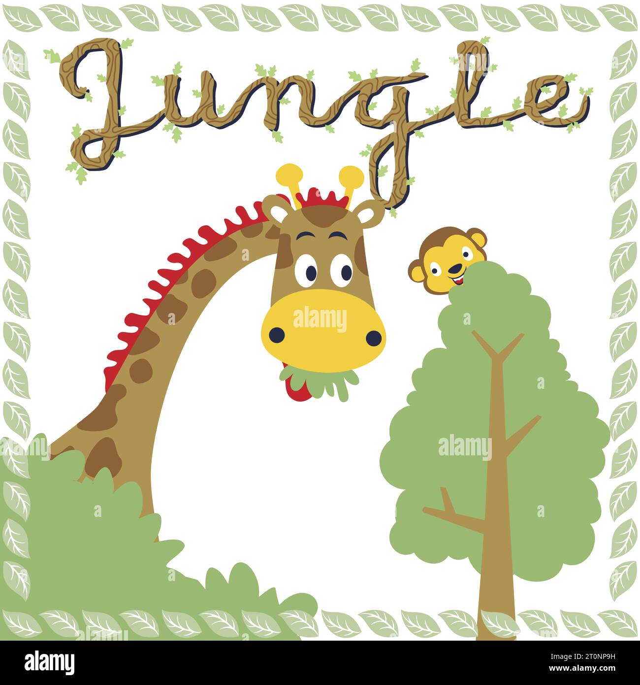 Funny giraffe with monkey in jungle on leaf frame border, vector ...