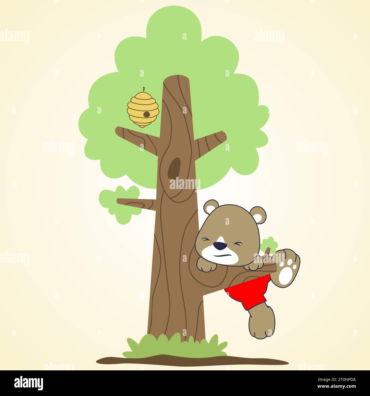 little bear try to climbing a tree, bee hive on tree, vector cartoon ...