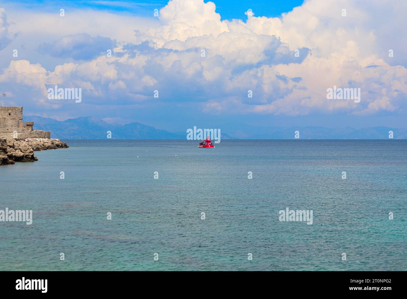 Poseidon Submarine red boat mid tour in the ocean off Rhodes city ...