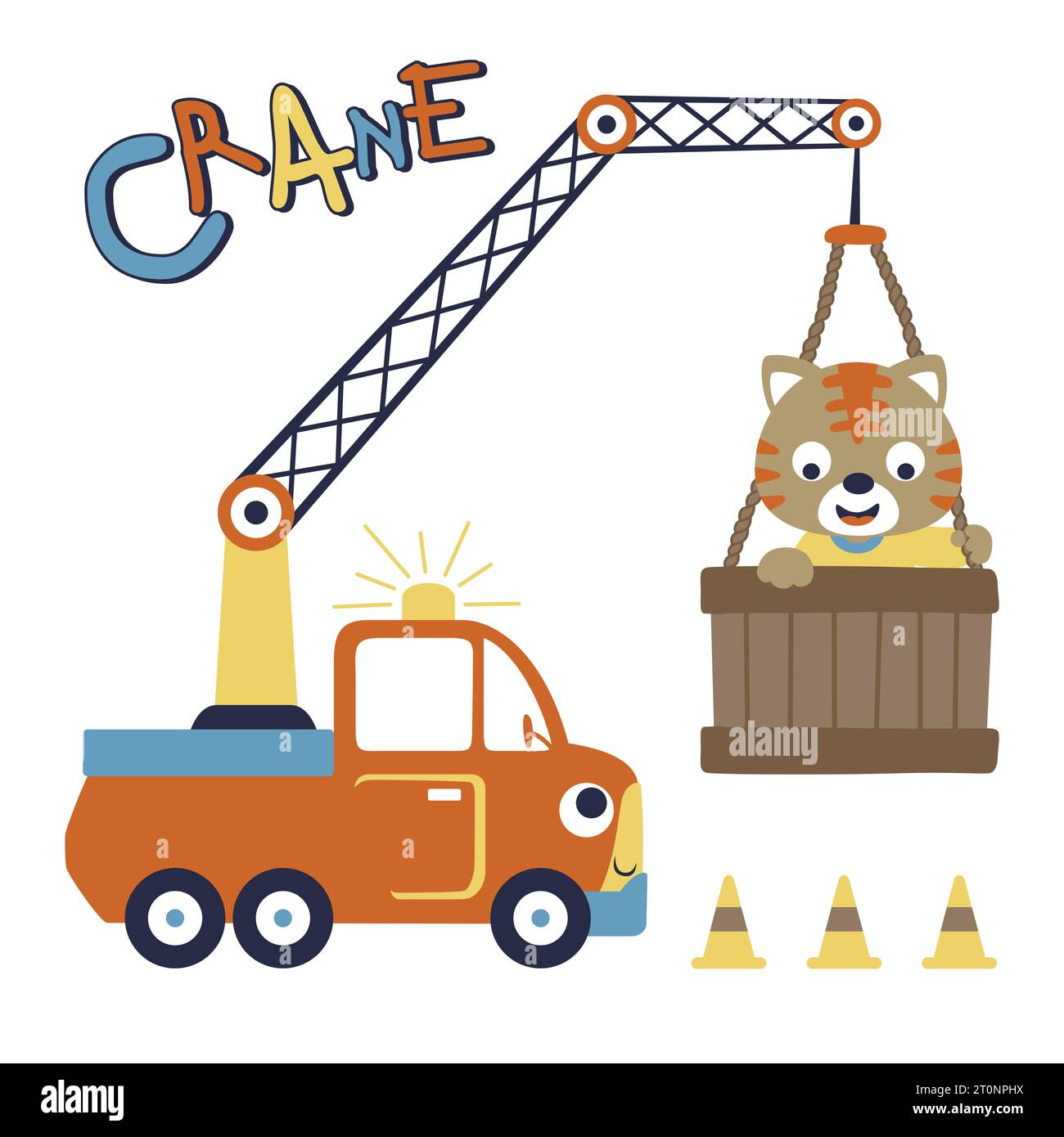 Funny crane truck with little cat, vector cartoon illustration Stock ...