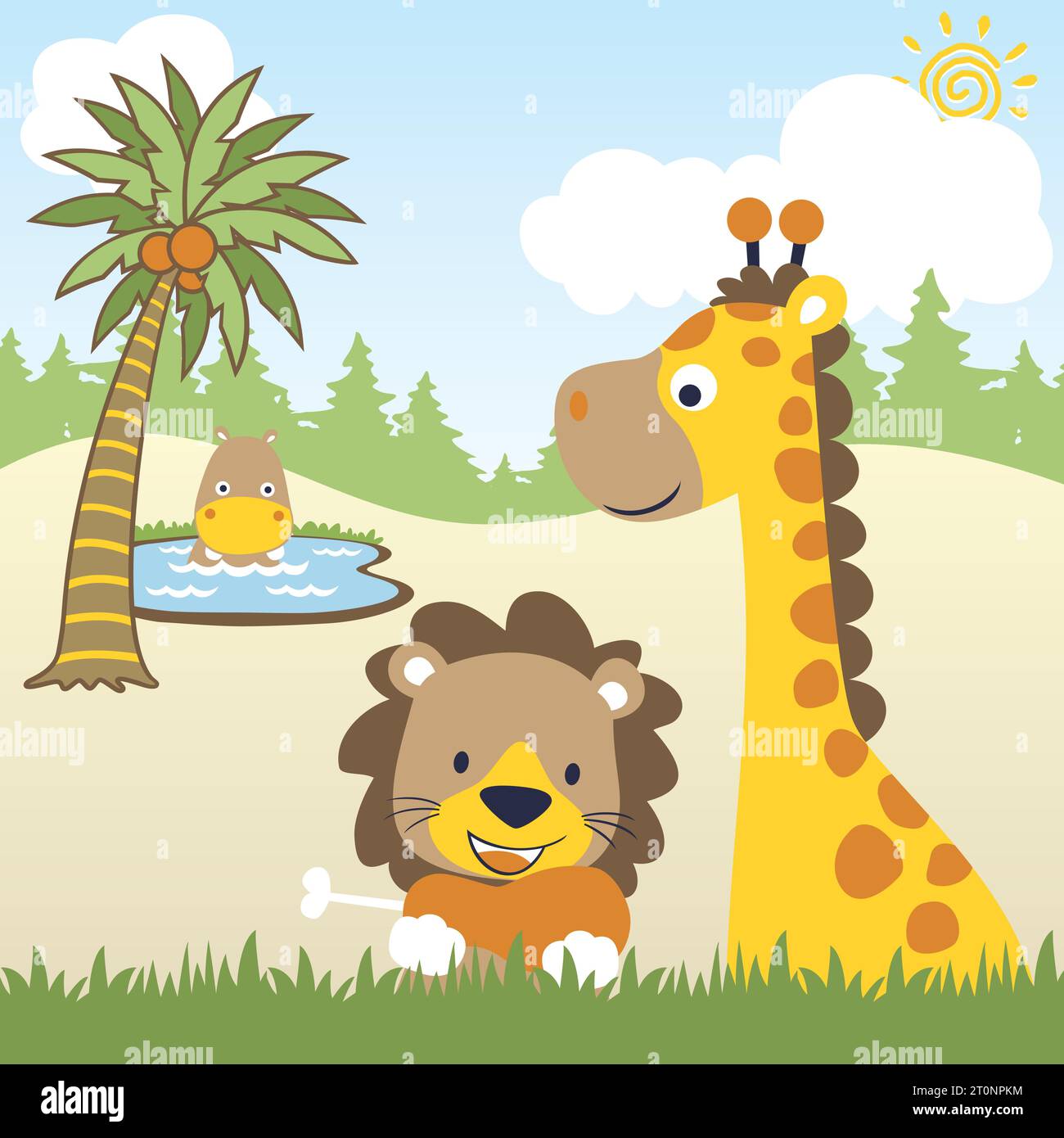 funny animals in forest on blue sky background, vector cartoon ...