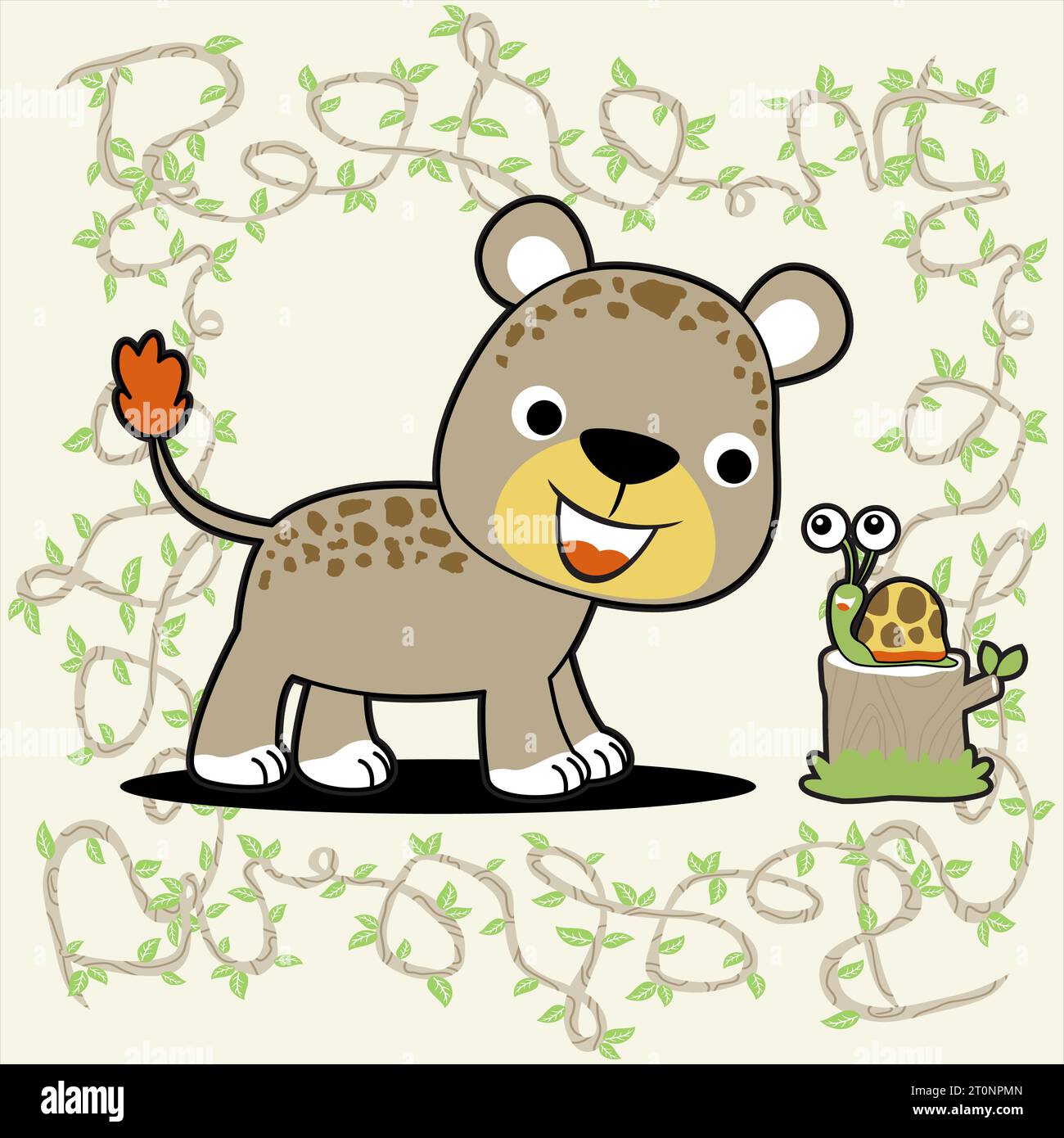 Cute leopard with little snail on tree stump in vines frame border ...