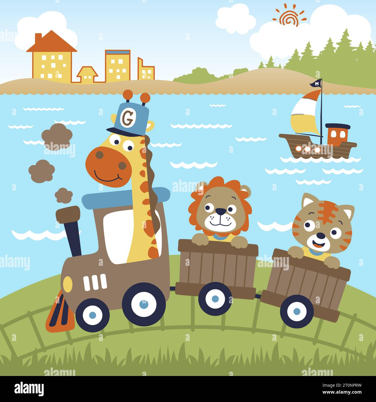 funny animals vacation with steam train on sea coast background, vector ...
