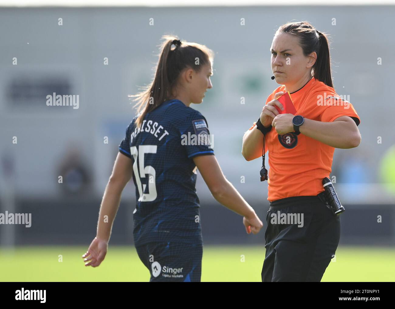 Manchester, UK. 8th Oct, 2023. Referee Emily Heaslip gives Lauren Hemp ...
