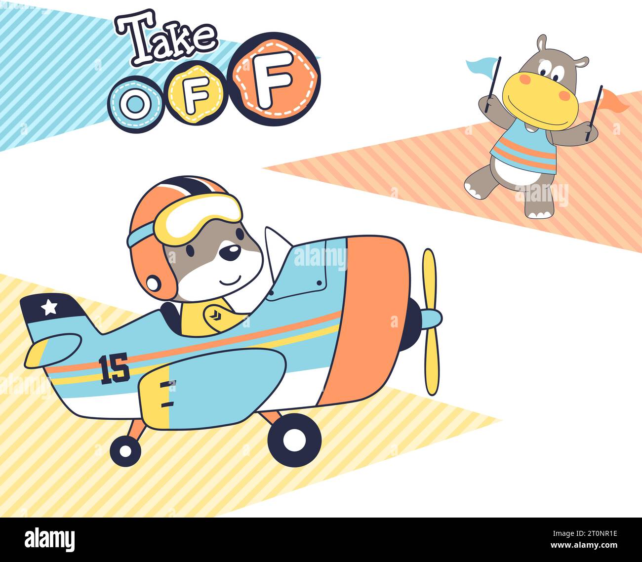 funny bear on airplane with hippo holding flags, vector cartoon ...