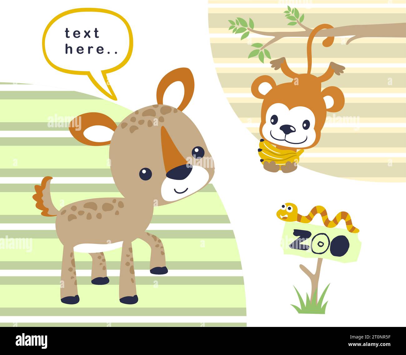 cute deer with monkey and caterpillar on striped background, vector ...