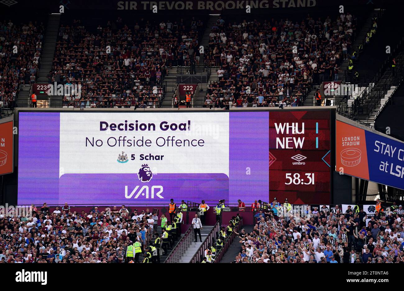 Large screen showing a VAR check on Newcastle United's Alexander Isak's ...