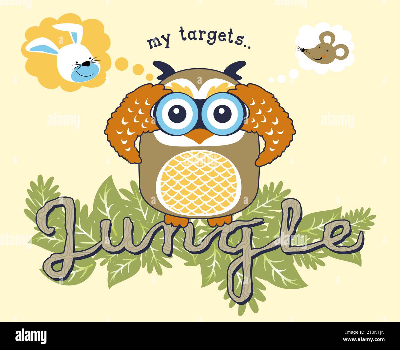 Funny owl holding binocular hunting bunny and mouse, vector cartoon ...