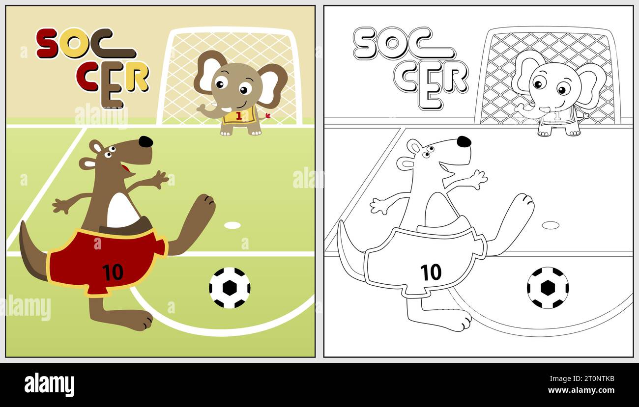 Funny kangaroo with elephant playing soccer, vector cartoon ...