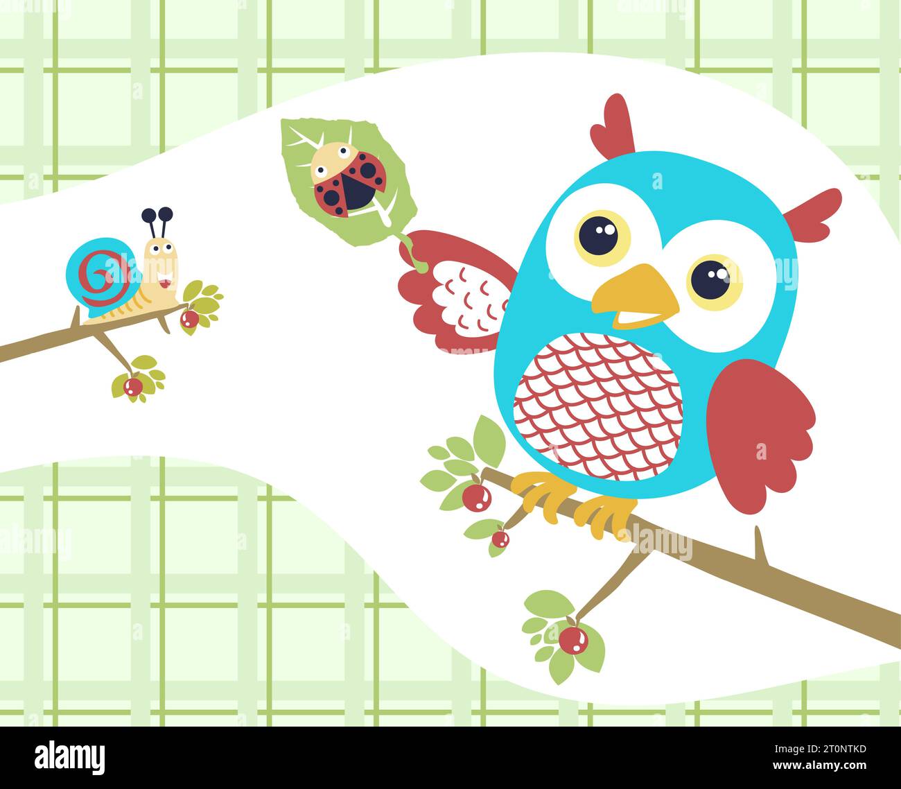 Cute owl perch on tree branches with little bugs. Vector cartoon ...