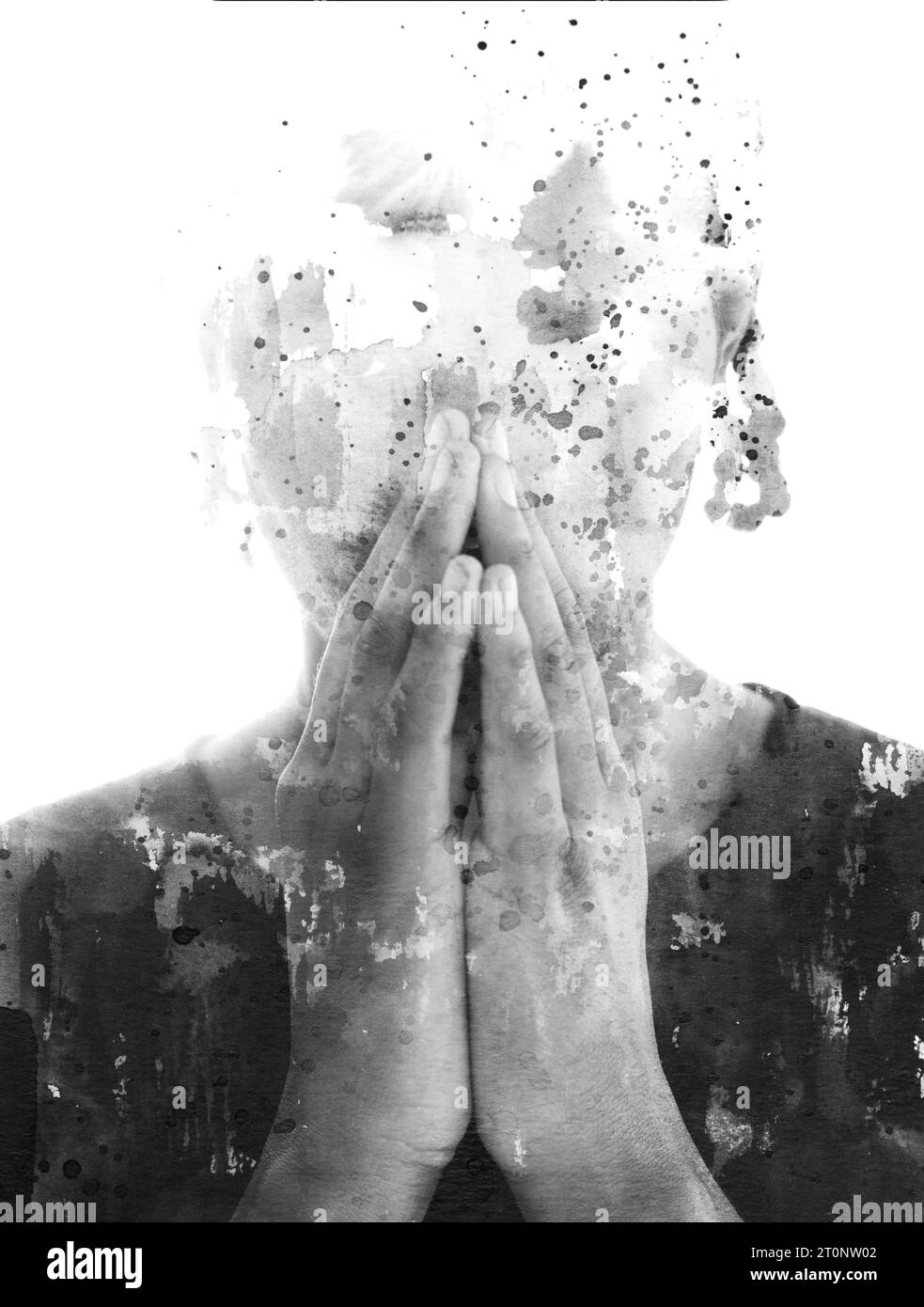 A conceptual paintography portrait disappearing into white background ...