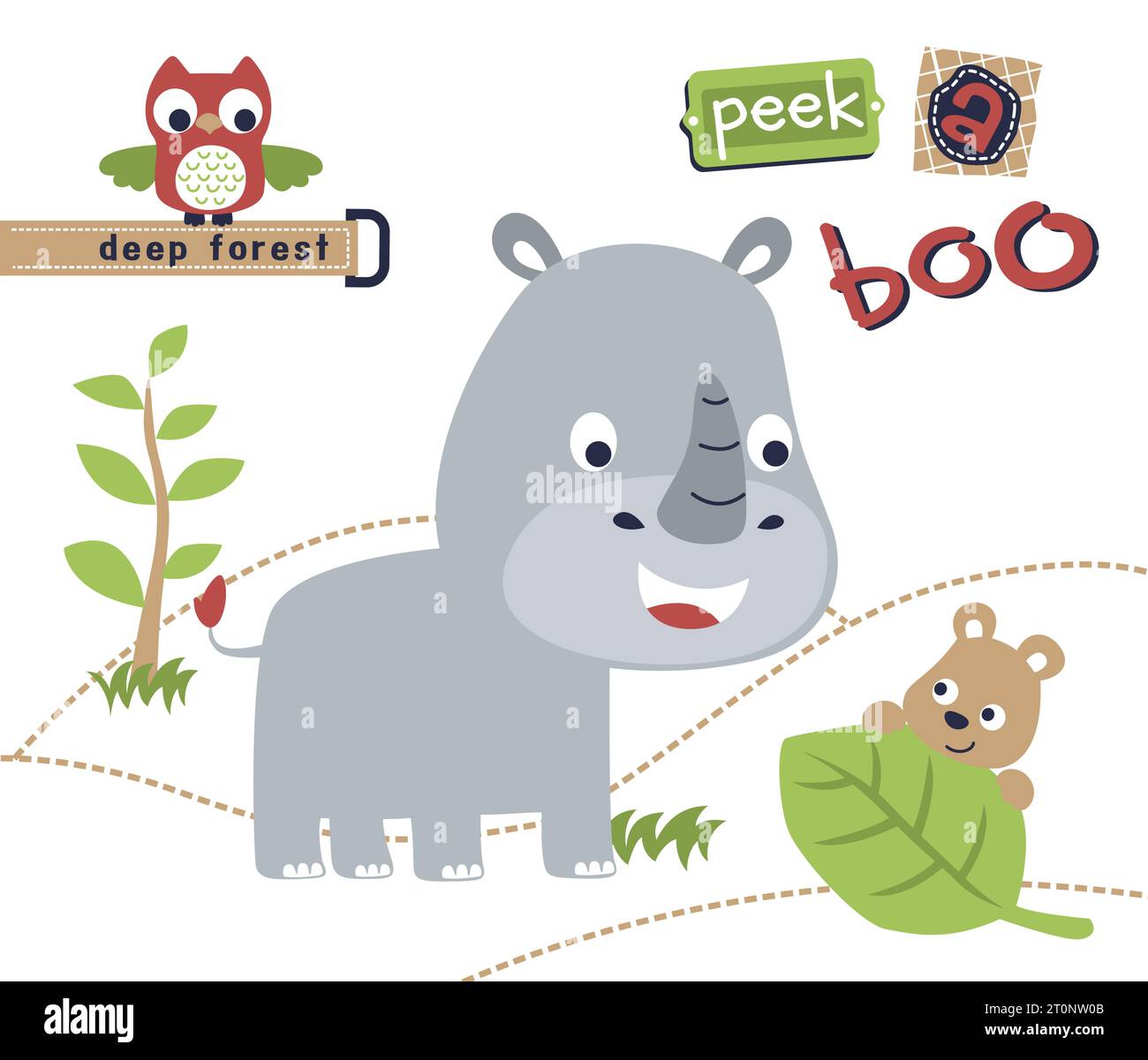funny rhino with little friends, vector cartoon illustration Stock ...