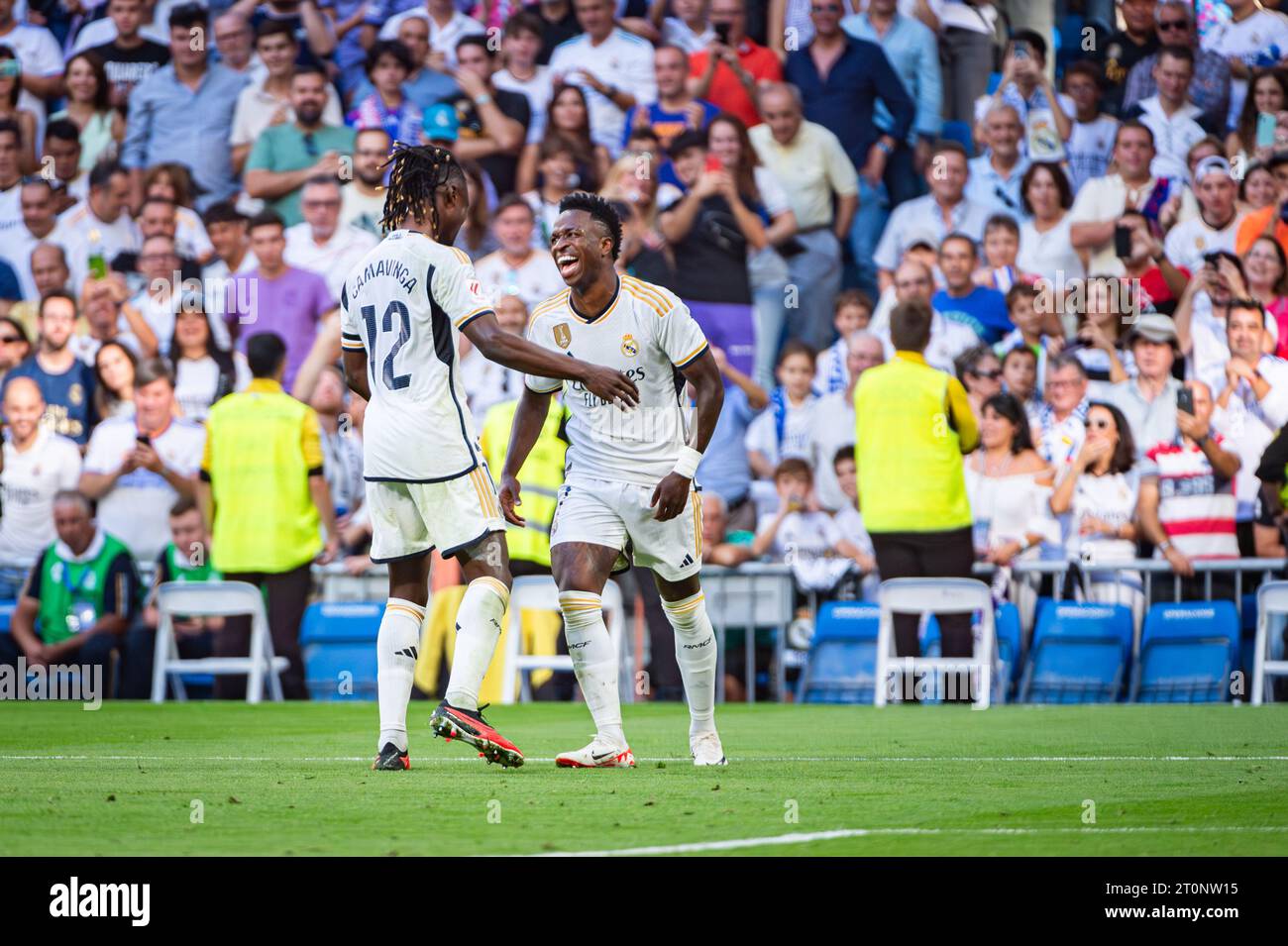 Vinicius Junior (R) and Eduardo Camavinga (L) of Real Madrid celebrate after scoring a goal ...
