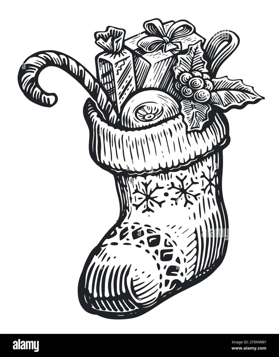 Vintage Santa stocking with candy, ball and Christmas decorations ...