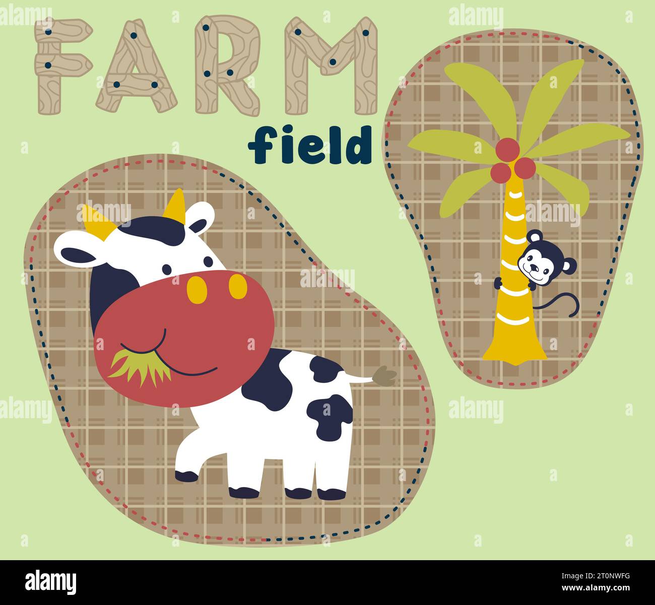 Farm field animals, cow and monkey on striped background, Vector ...