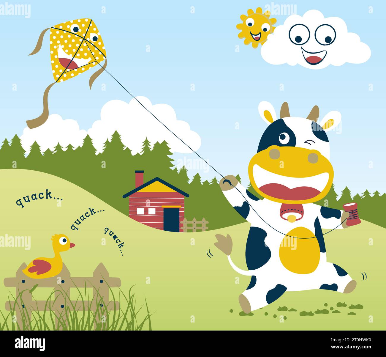 Funny cow playing kite on farmyard background, Vector cartoon ...