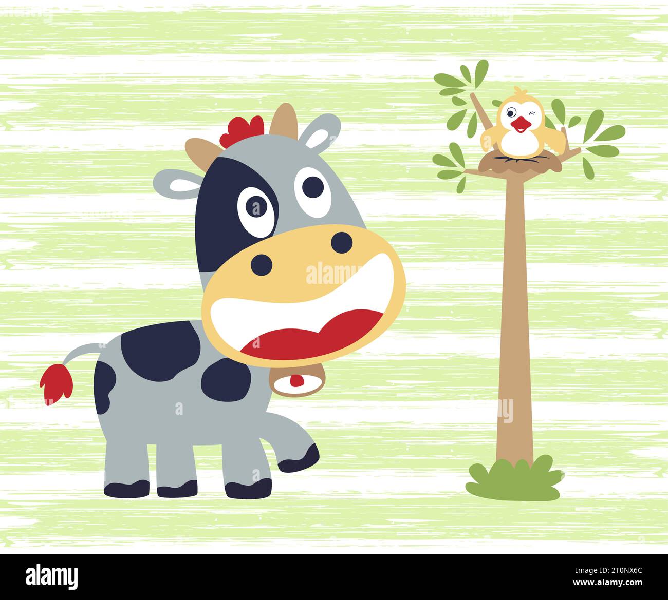 vector cartoon illustration of funny cow with bird in the tree on ...